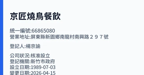 京匠燒鳥餐飲的照片-統編 66865080(屏東縣) 公司登記資料與營業項目詳細圖表