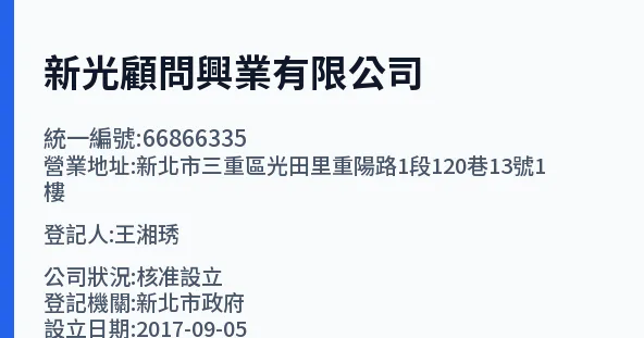 新光顧問興業有限公司的照片-統編 66866335(新北市) 公司登記資料與營業項目詳細圖表