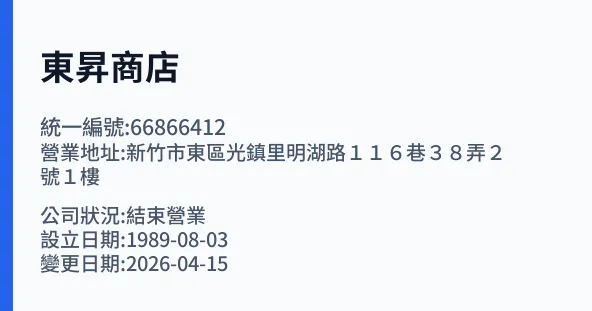東昇商店的照片-統編 66866412(新竹市) 公司登記資料與營業項目詳細圖表