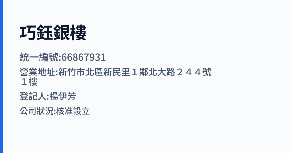 巧鈺銀樓 - 統編 66867931(新竹市) 公司登記資料與營業項目詳細圖表