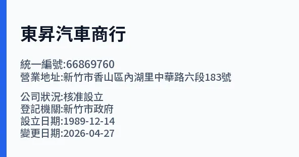 東昇汽車商行的照片-統編 66869760(新竹市) 公司登記資料與營業項目詳細圖表