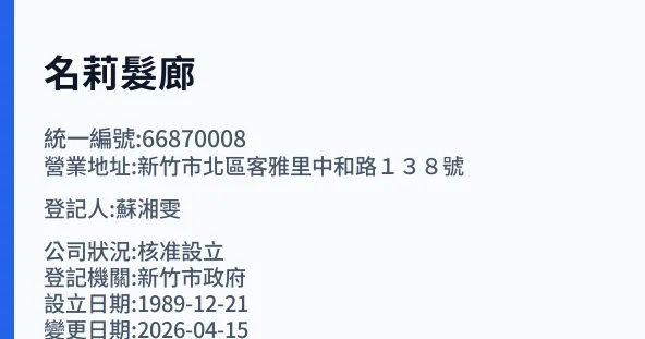 名莉髮廊的照片-統編 66870008(新竹市) 公司登記資料與營業項目詳細圖表