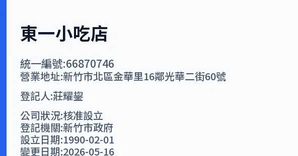 東一小吃店的照片-統編 66870746(新竹市) 公司登記資料與營業項目詳細圖表
