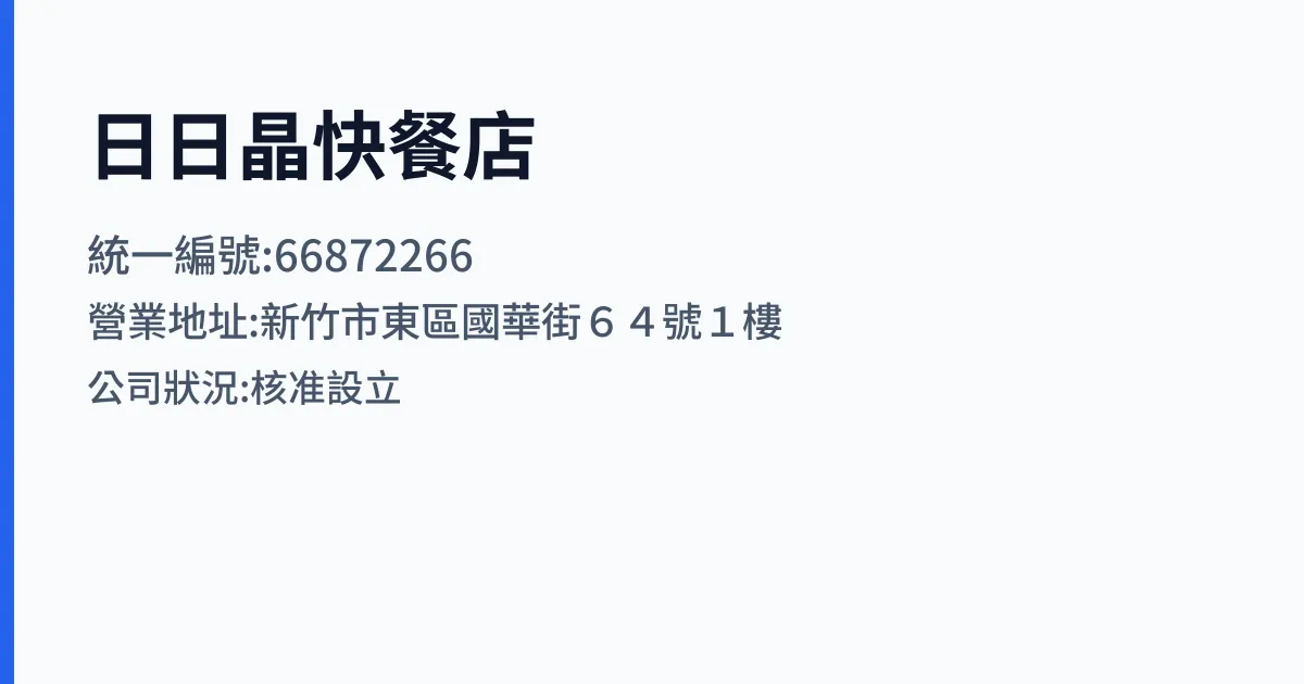 日日晶快餐店 - 統編 66872266(新竹市) 公司登記資料與營業項目詳細圖表