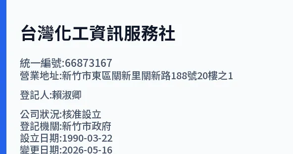 台灣化工資訊服務社的照片-統編 66873167(新竹市) 公司登記資料與營業項目詳細圖表