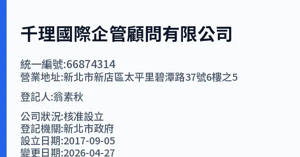 千理國際企管顧問有限公司的照片-統編 66874314(新北市) 公司登記資料與營業項目詳細圖表