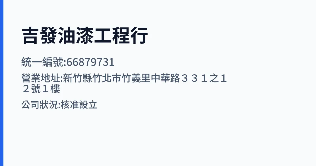吉發油漆工程行 - 統編 66879731(新竹縣) 公司登記資料與營業項目詳細圖表