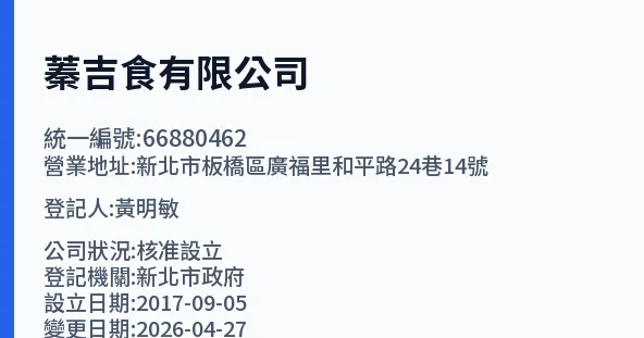 蓁吉食有限公司的照片-統編 66880462(新北市) 公司登記資料與營業項目詳細圖表