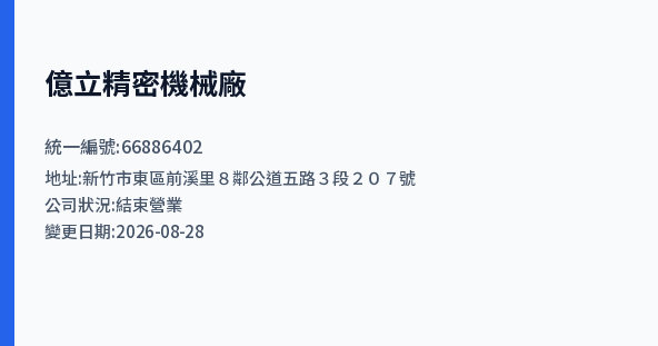 億立精密機械廠的照片-統編 66886402(新竹市) 公司登記資料與營業項目詳細圖表