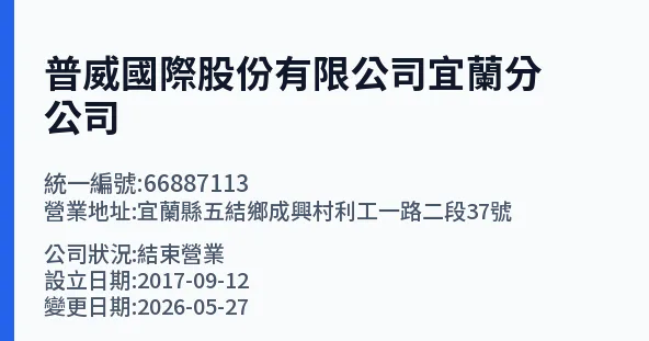 普威國際股份有限公司宜蘭分公司的照片-統編 66887113(宜蘭縣) 公司登記資料與營業項目詳細圖表