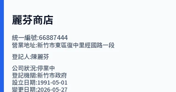 麗芬商店的照片-統編 66887444(新竹市) 公司登記資料與營業項目詳細圖表
