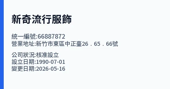 新奇流行服飾的照片-統編 66887872(新竹市) 公司登記資料與營業項目詳細圖表