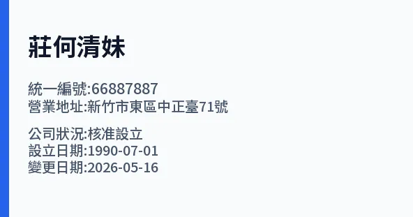 莊何清妹的照片-統編 66887887(新竹市) 公司登記資料與營業項目詳細圖表