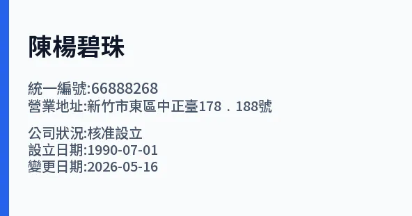陳楊碧珠的照片-統編 66888268(新竹市) 公司登記資料與營業項目詳細圖表