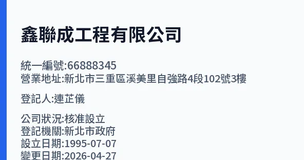 鑫聯成工程有限公司的照片-統編 66888345(新北市) 公司登記資料與營業項目詳細圖表