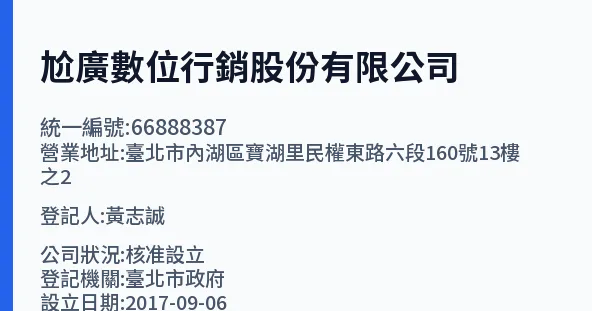 尬廣數位行銷股份有限公司的照片-統編 66888387(臺北市) 公司登記資料與營業項目詳細圖表
