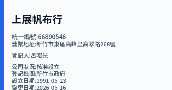 上展帆布行的照片-統編 66890546(新竹市) 公司登記資料與營業項目詳細圖表