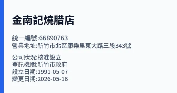 金南記燒腊店的照片-統編 66890763(新竹市) 公司登記資料與營業項目詳細圖表