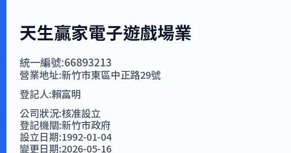 天生贏家電子遊戲場業的照片-統編 66893213(新竹市) 公司登記資料與營業項目詳細圖表