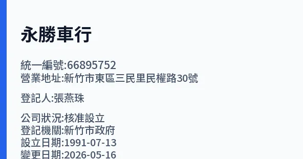 永勝車行的照片-統編 66895752(新竹市) 公司登記資料與營業項目詳細圖表