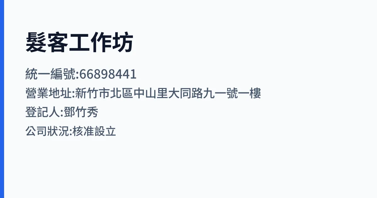 髮客工作坊 - 統編 66898441(新竹市) 公司登記資料與營業項目詳細圖表