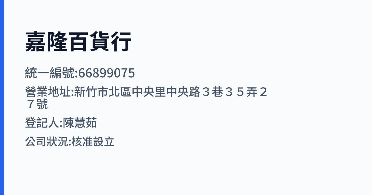 嘉隆百貨行 - 統編 66899075(新竹市) 公司登記資料與營業項目詳細圖表