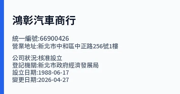 鴻彰汽車商行的照片-統編 66900426(新北市) 公司登記資料與營業項目詳細圖表