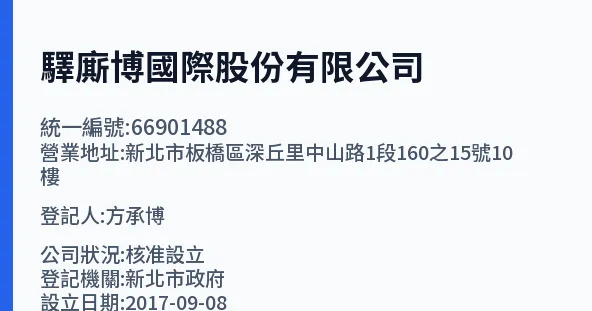 驛廝博國際股份有限公司的照片-統編 66901488(新北市) 公司登記資料與營業項目詳細圖表