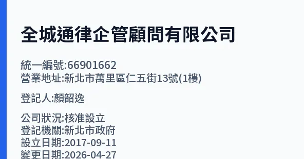 全城通律企管顧問有限公司的照片-統編 66901662(新北市) 公司登記資料與營業項目詳細圖表
