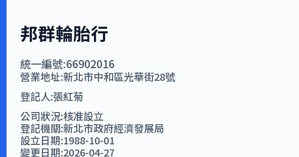 邦群輪胎行的照片-統編 66902016(新北市) 公司登記資料與營業項目詳細圖表