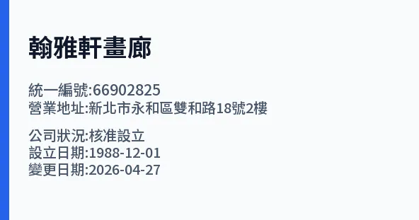 翰雅軒畫廊的照片-統編 66902825(新北市) 公司登記資料與營業項目詳細圖表