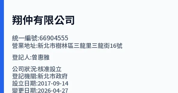 翔仲有限公司的照片-統編 66904555(新北市) 公司登記資料與營業項目詳細圖表