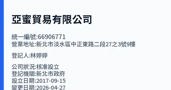 亞蜜貿易有限公司的照片-統編 66906771(新北市) 公司登記資料與營業項目詳細圖表