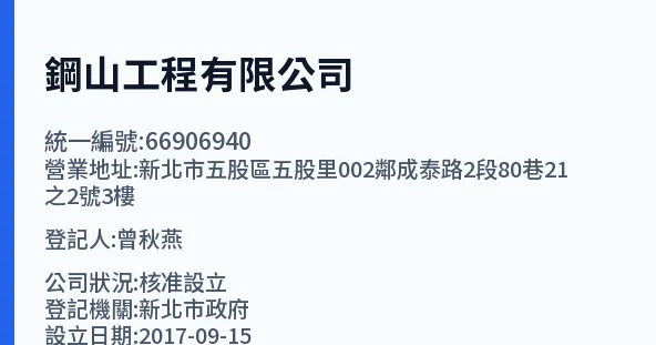 鋼山工程有限公司的照片-統編 66906940(新北市) 公司登記資料與營業項目詳細圖表