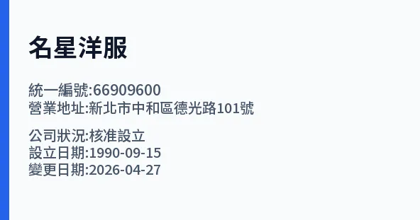 名星洋服的照片-統編 66909600(新北市) 公司登記資料與營業項目詳細圖表