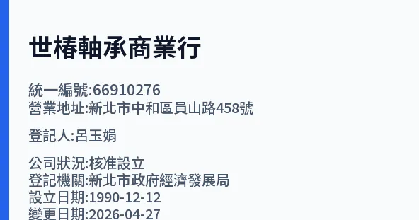 世椿軸承商業行的照片-統編 66910276(新北市) 公司登記資料與營業項目詳細圖表