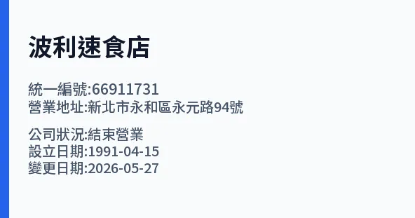 波利速食店的照片-統編 66911731(新北市) 公司登記資料與營業項目詳細圖表