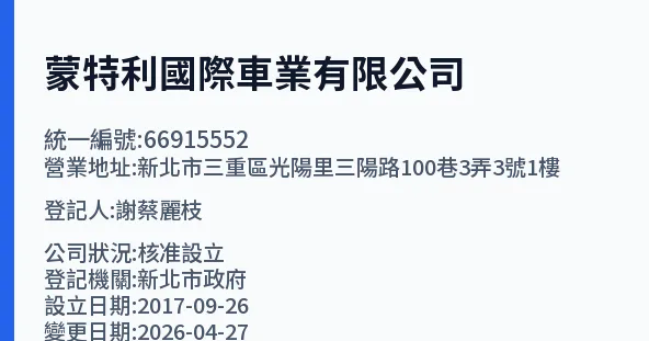 蒙特利國際車業有限公司的照片-統編 66915552(新北市) 公司登記資料與營業項目詳細圖表
