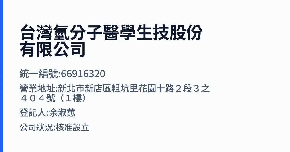 台灣氫分子醫學生技股份有限公司 - 統編 66916320 (新北市) 公司登記資料與營業項目詳細圖表