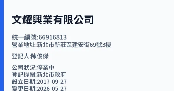 文耀興業有限公司的照片-統編 66916813(新北市) 公司登記資料與營業項目詳細圖表