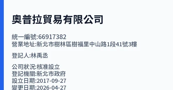 奧普拉貿易有限公司的照片-統編 66917382(新北市) 公司登記資料與營業項目詳細圖表