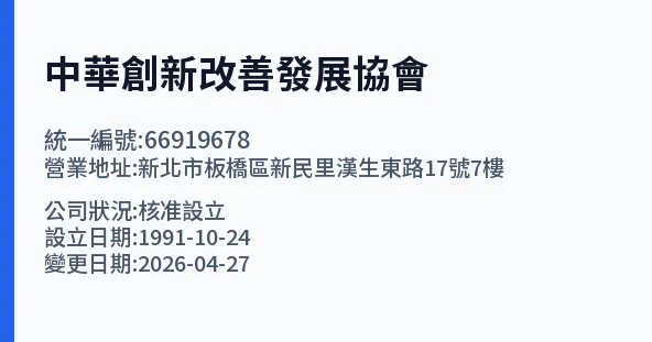 中華創新改善發展協會的照片-統編 66919678(新北市) 公司登記資料與營業項目詳細圖表