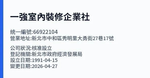 一強室內裝修企業社的照片-統編 66922104(新北市) 公司登記資料與營業項目詳細圖表