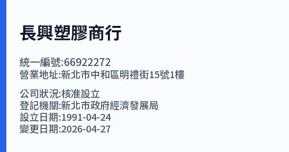 長興塑膠商行的照片-統編 66922272(新北市) 公司登記資料與營業項目詳細圖表