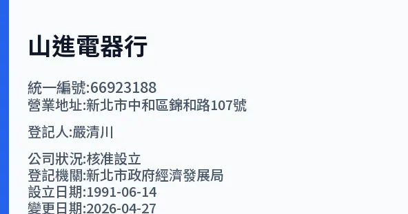 山進電器行的照片-統編 66923188(新北市) 公司登記資料與營業項目詳細圖表