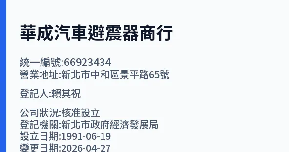 華成汽車避震器商行的照片-統編 66923434(新北市) 公司登記資料與營業項目詳細圖表