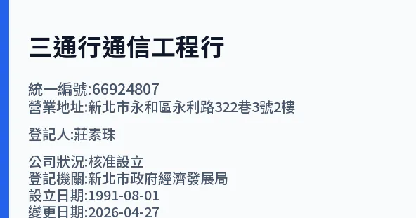 三通行通信工程行的照片-統編 66924807(新北市) 公司登記資料與營業項目詳細圖表