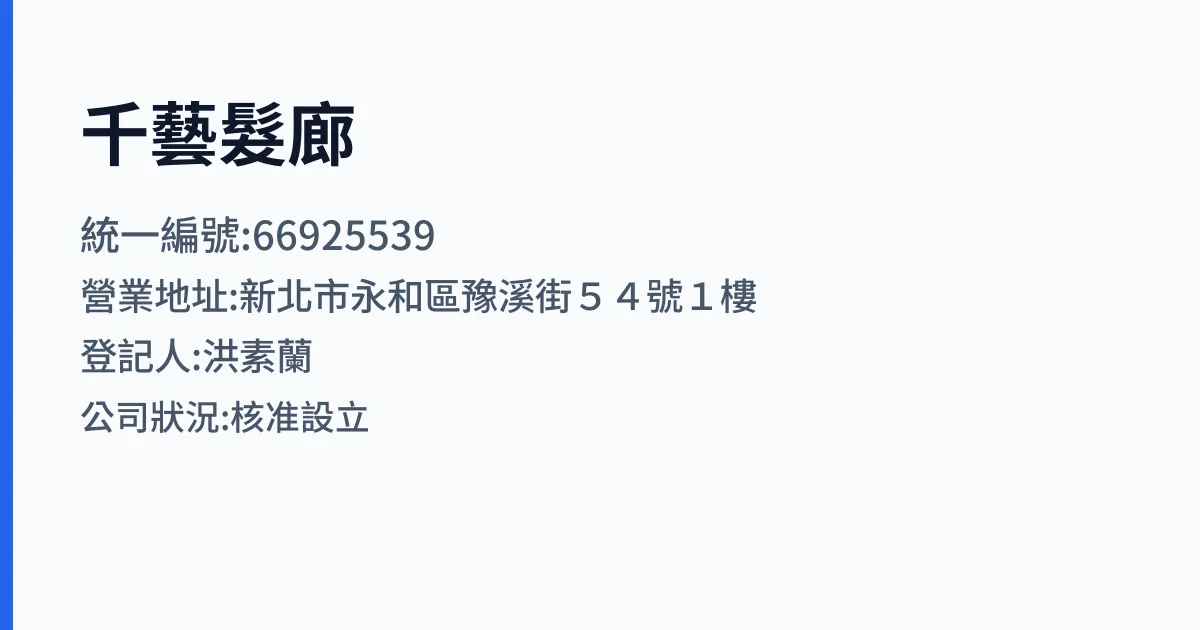 千藝髮廊 - 統編 66925539(新北市) 公司登記資料與營業項目詳細圖表