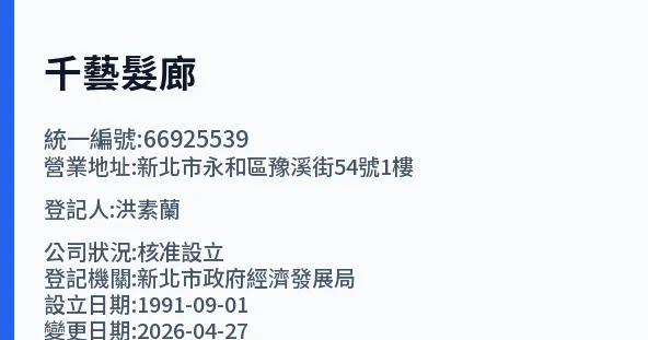 千藝髮廊的照片-統編 66925539(新北市) 公司登記資料與營業項目詳細圖表