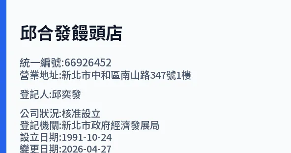 邱合發饅頭店的照片-統編 66926452(新北市) 公司登記資料與營業項目詳細圖表